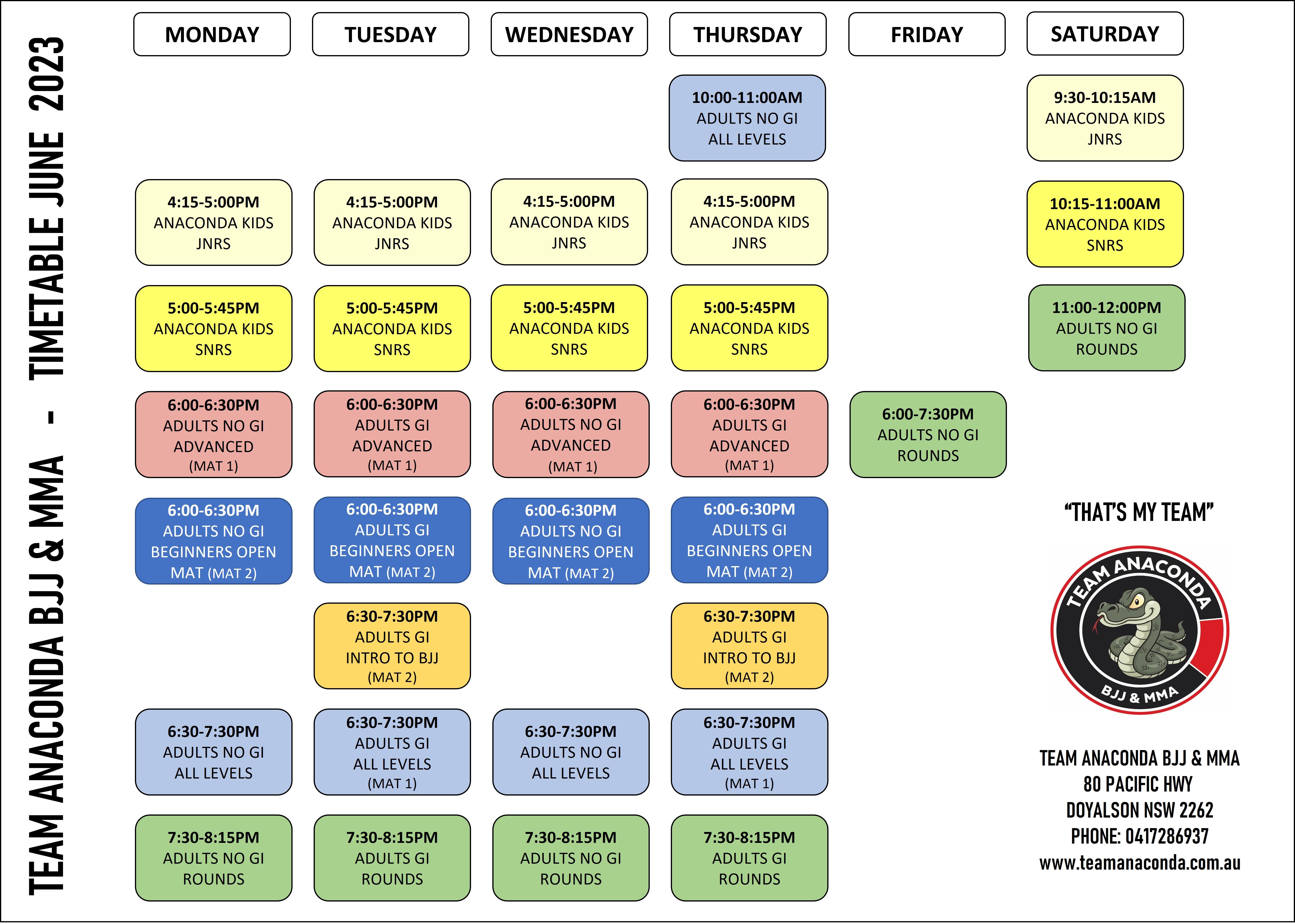 Team Anaconda Martial Arts | Timetable